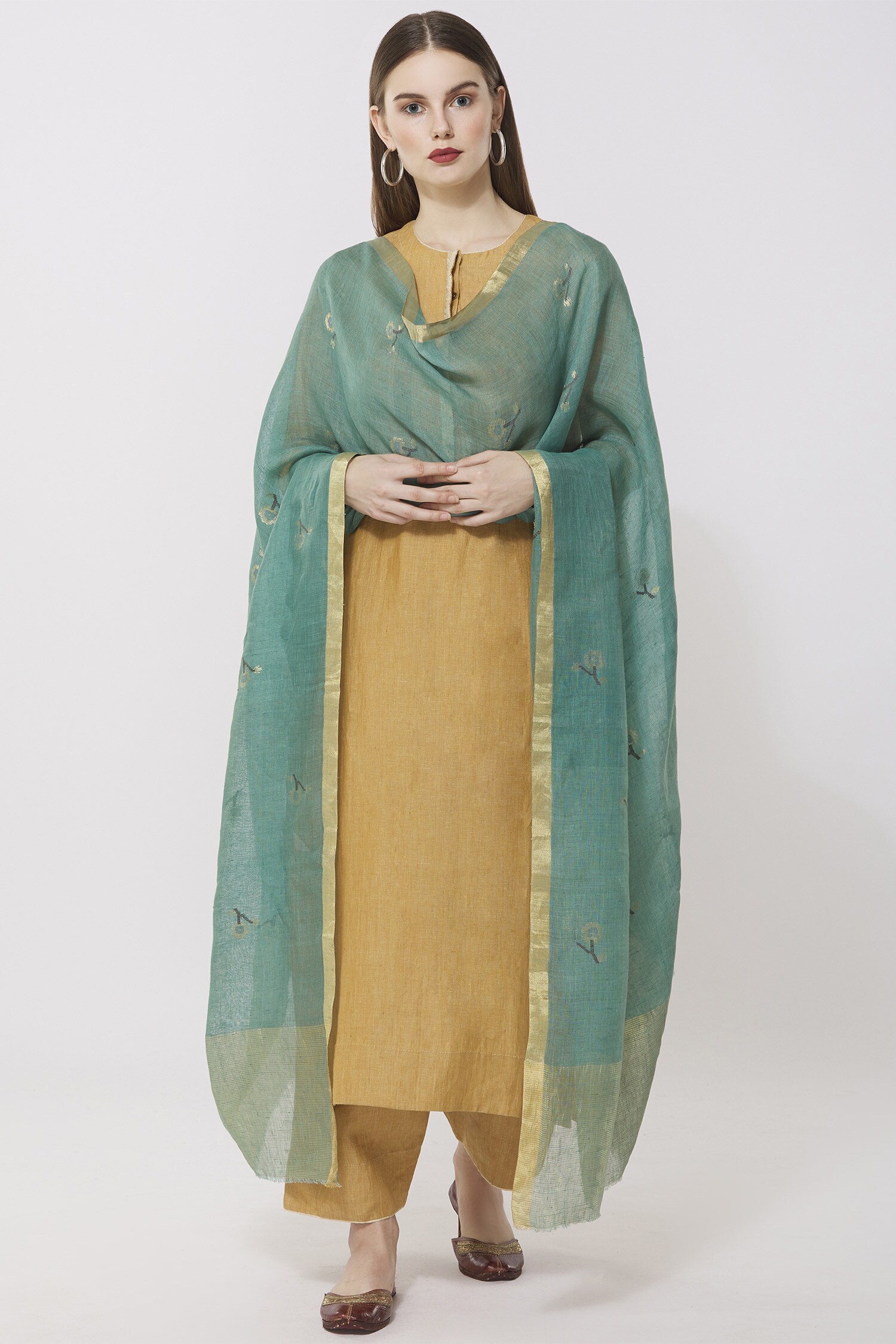 Buy Anavila Green Linen Dupatta Online | Aza Fashions