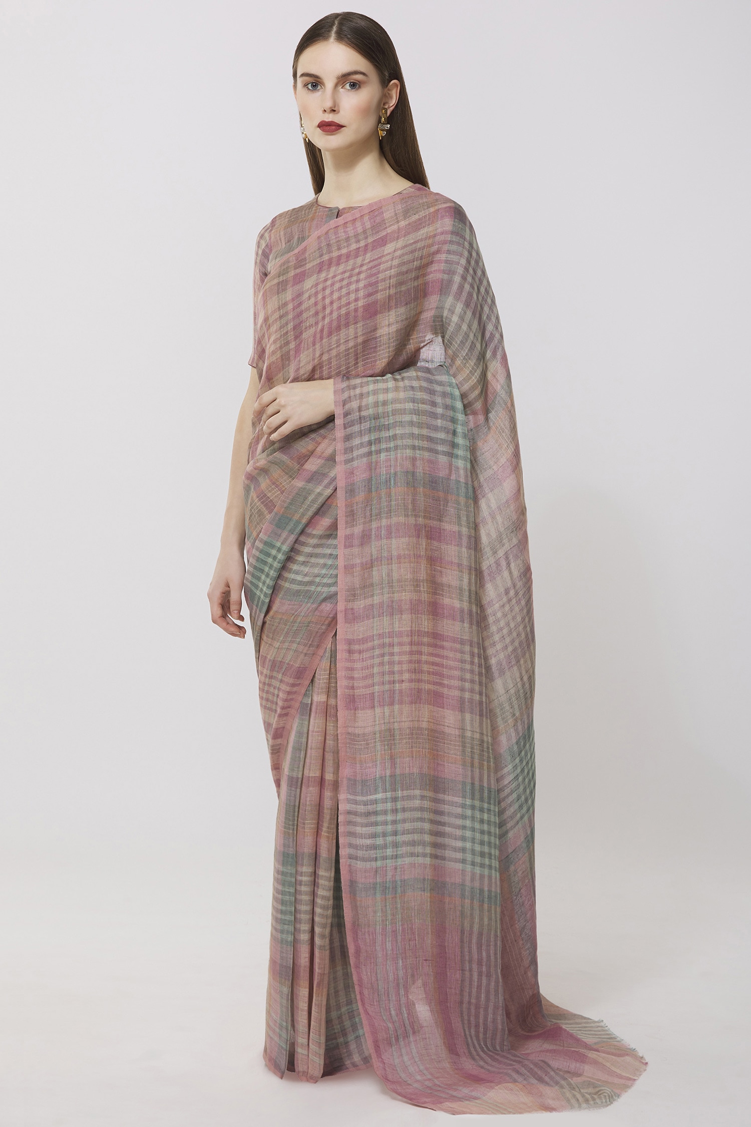 Buy Anavila Multi Color Linen Checkered Saree Online | Aza Fashions