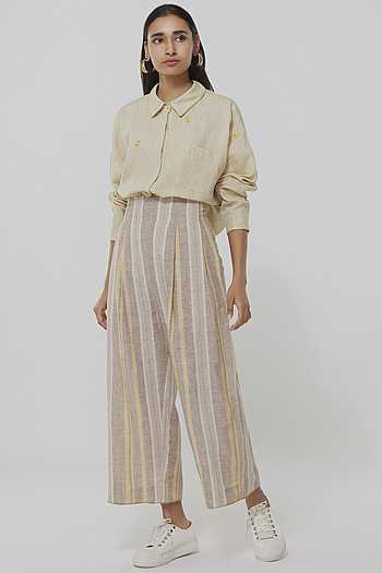 Buy Anavila Yellow Striped Linen Pants Online | Aza Fashions