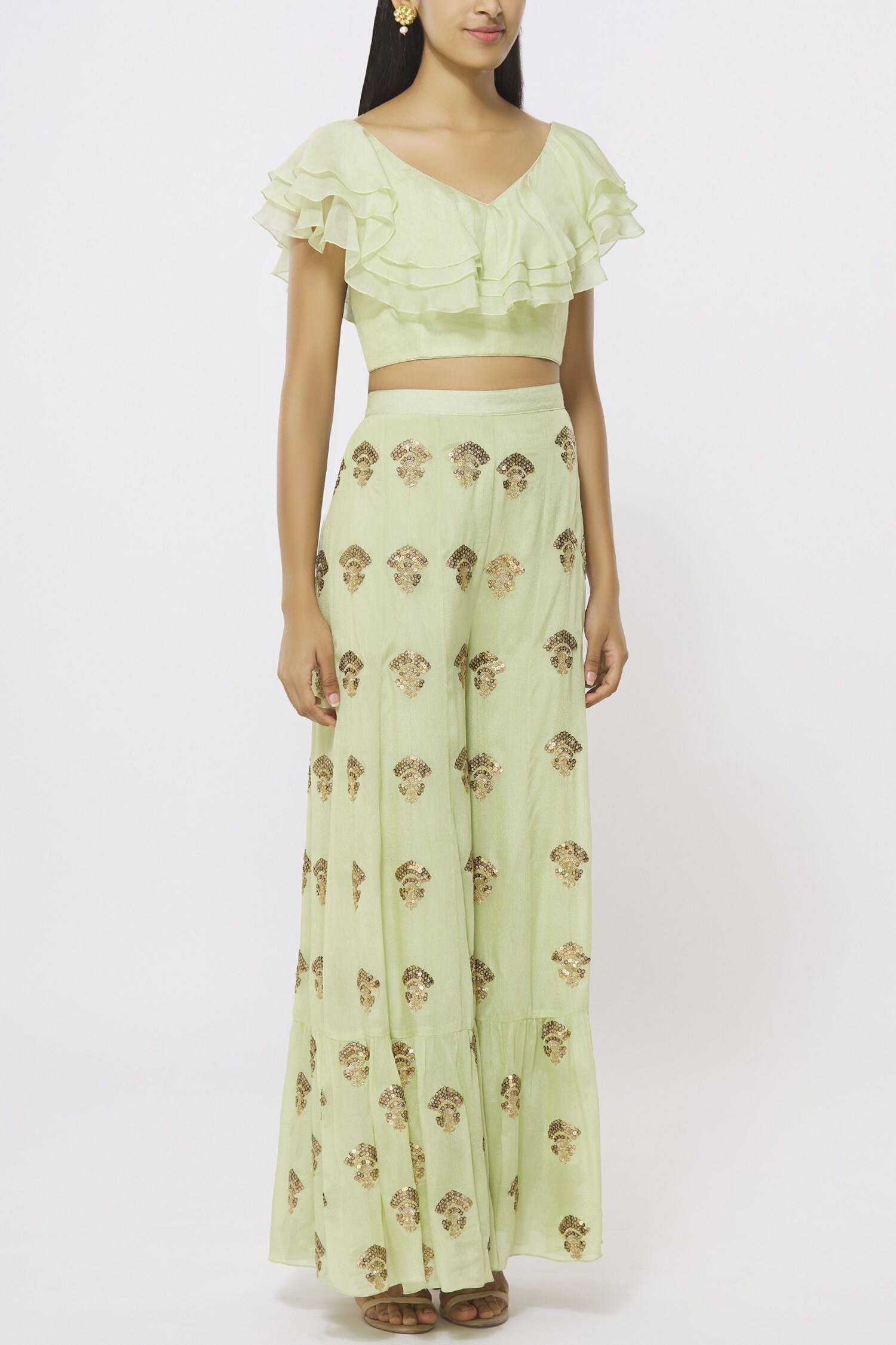 Buy Rriso Green Georgette Embellished Top Palazzo Set Online | Aza Fashions