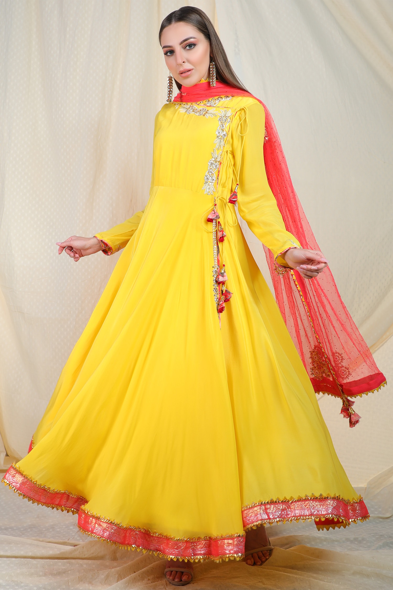 Buy Yellow Crepe V Neck Embellished Angrakha Set For Women by Nikasha ...