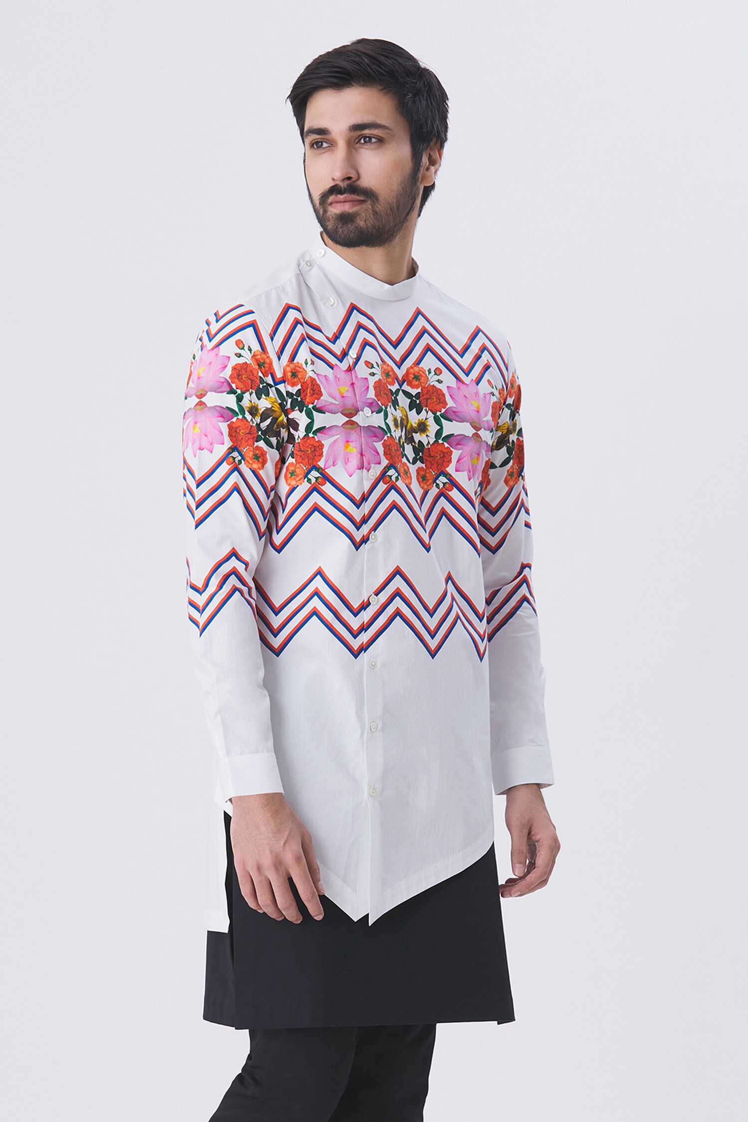 Buy White Cotton Overlap Asymmetric Kurta And Kilt Pant Set For Men by ...