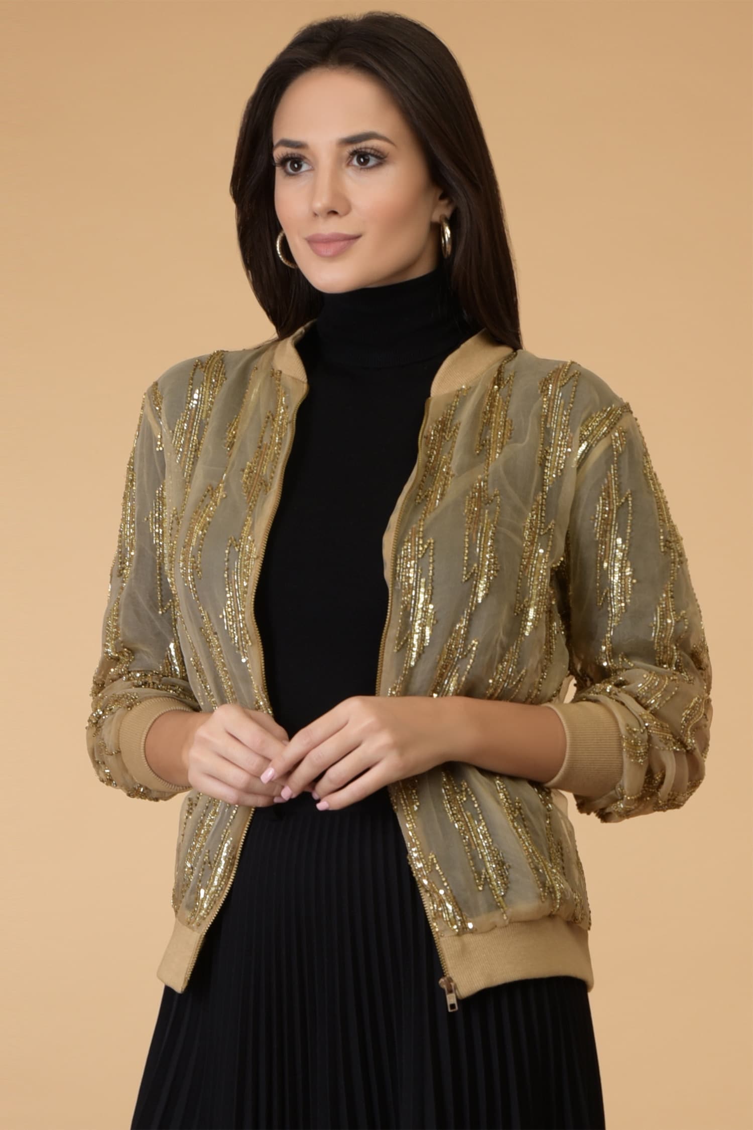 Buy Talking Threads Gold Organza Embellished Bomber Jacket Online | Aza ...