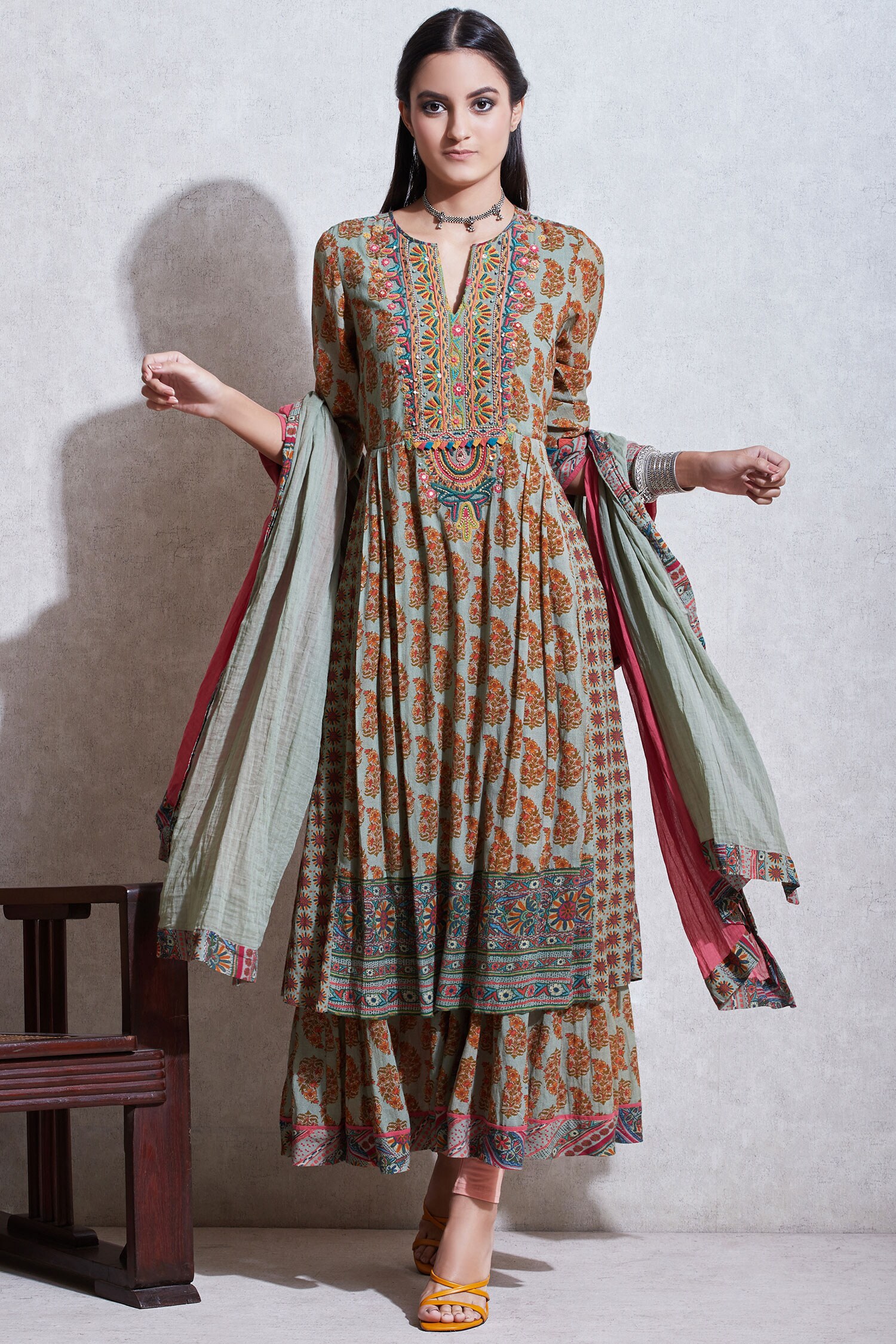 Buy Ritu Kumar Green Viscose Cotton Embroidered Anarkali Set Online ...