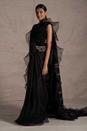 Buy Jade by Monica and Karishma Black Raw Silk Ruffle Saree Online ...