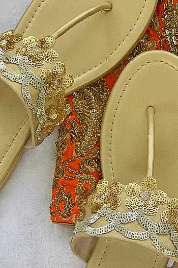 Buy Essem Gold Faux Leather Sequin Embroidered Sandals Online | Aza ...