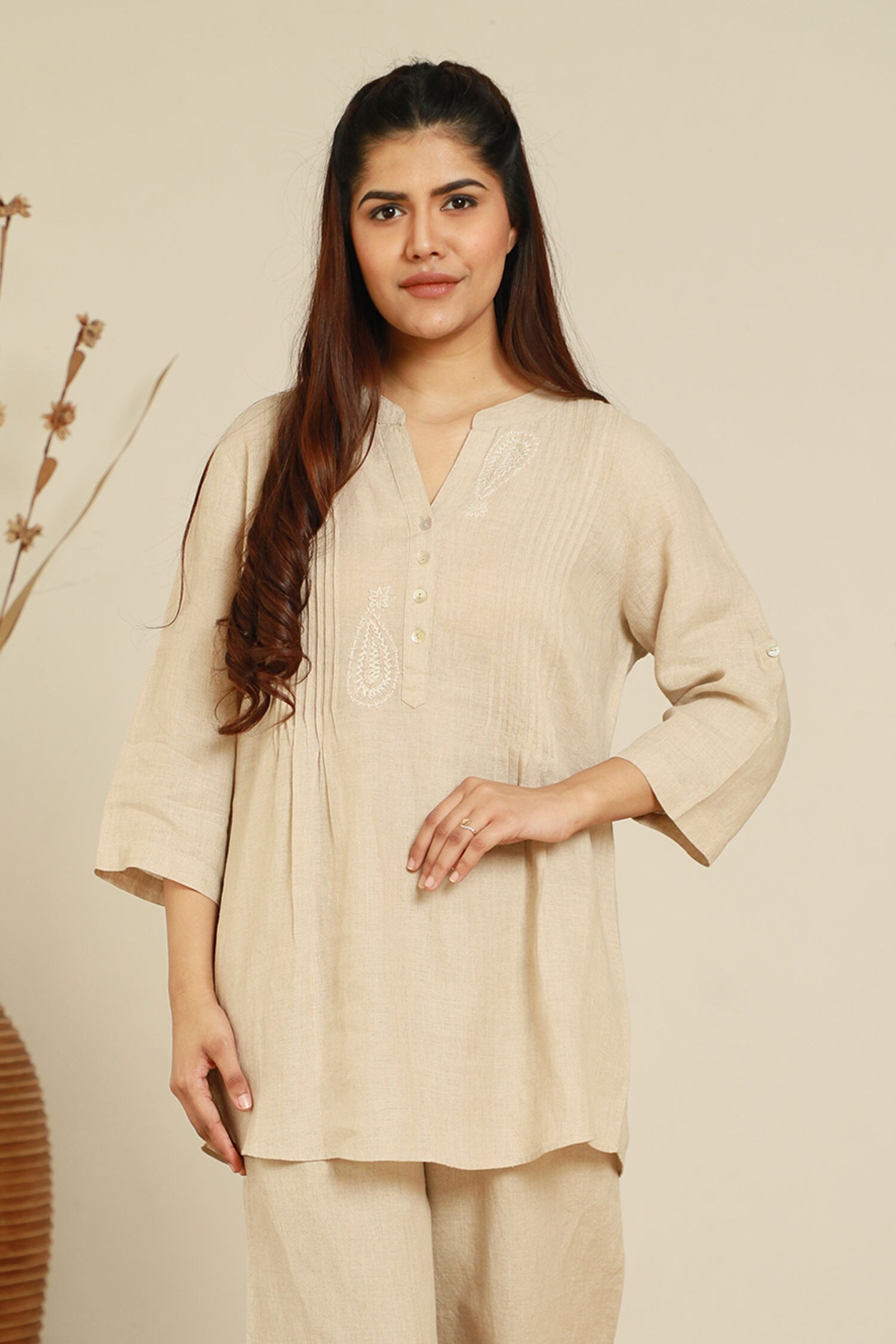 Buy Beige 100% Linen Pleated Tunic For Women by Linen Bloom Online at ...