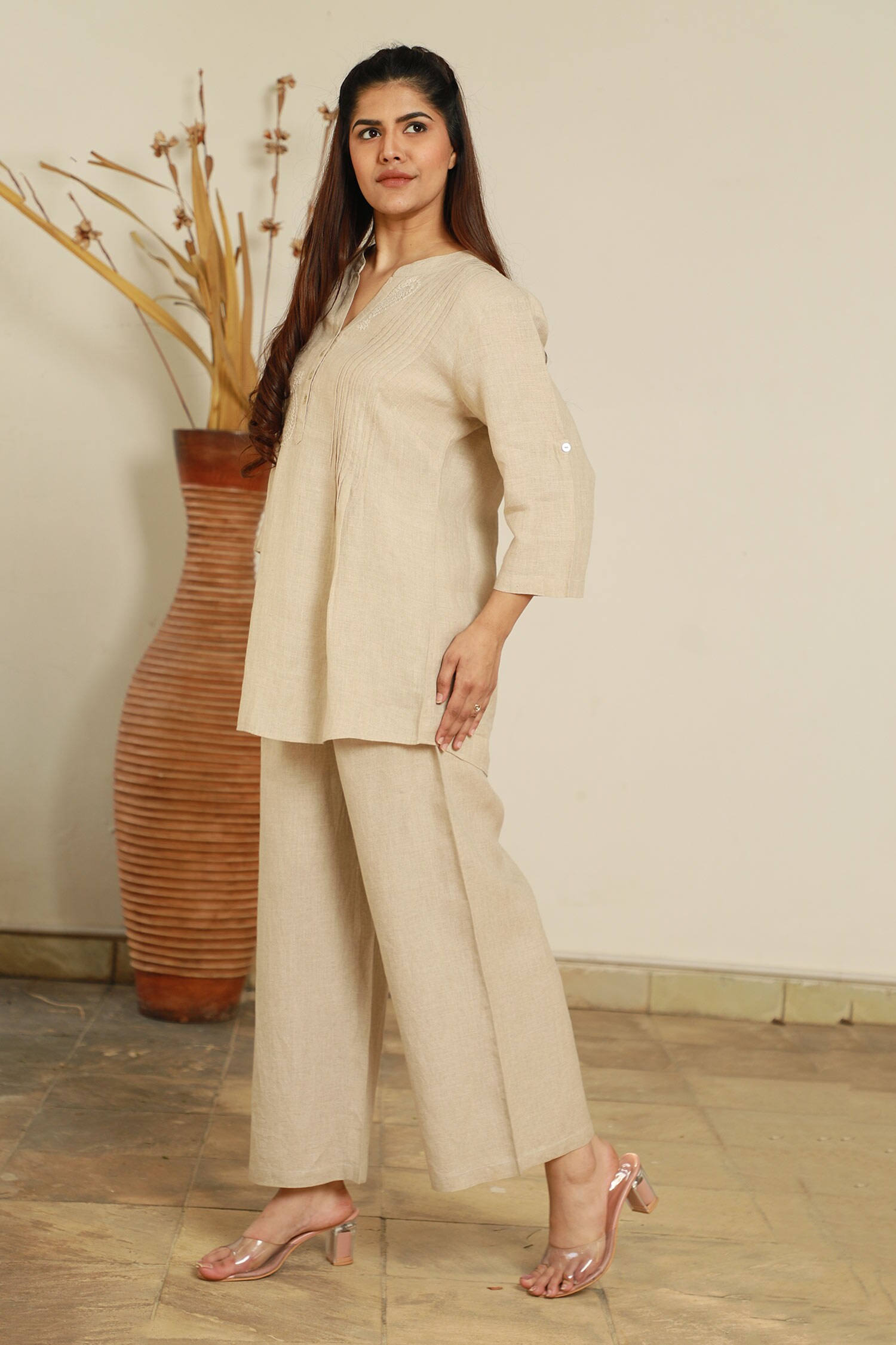 Buy Beige 100% Linen Pant For Women by Linen Bloom Online at Aza Fashions.
