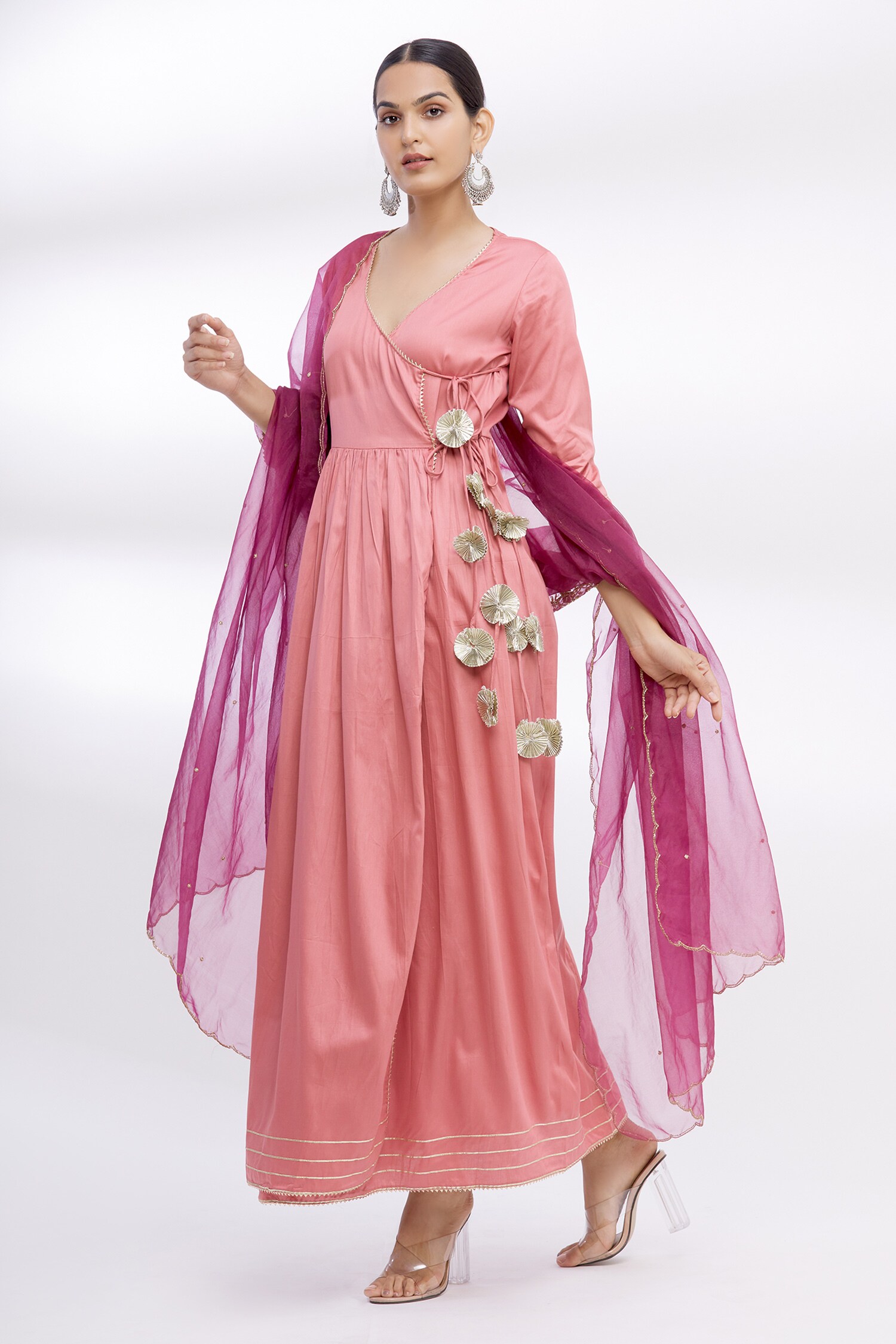 Buy Samyukta Singhania Pink Jama Silk Angrakha With Embroidered Dupatta ...