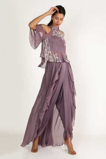 Buy Purple Dupion Cold Shoulder Cape Top And Dhoti Pant Set For Women ...