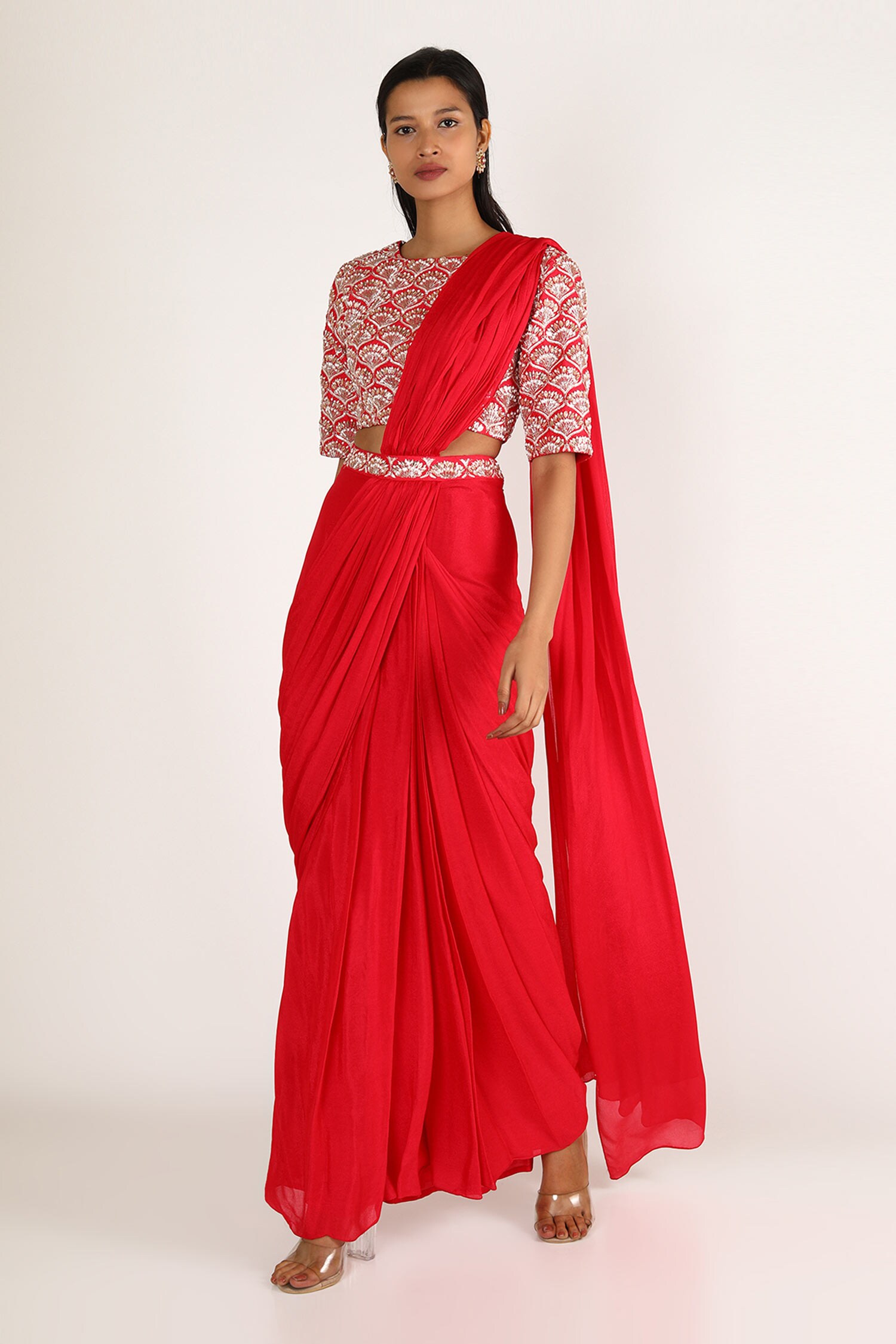 Buy Pink Peacock Couture Red Dupion Pre-draped Saree Set Online | Aza ...