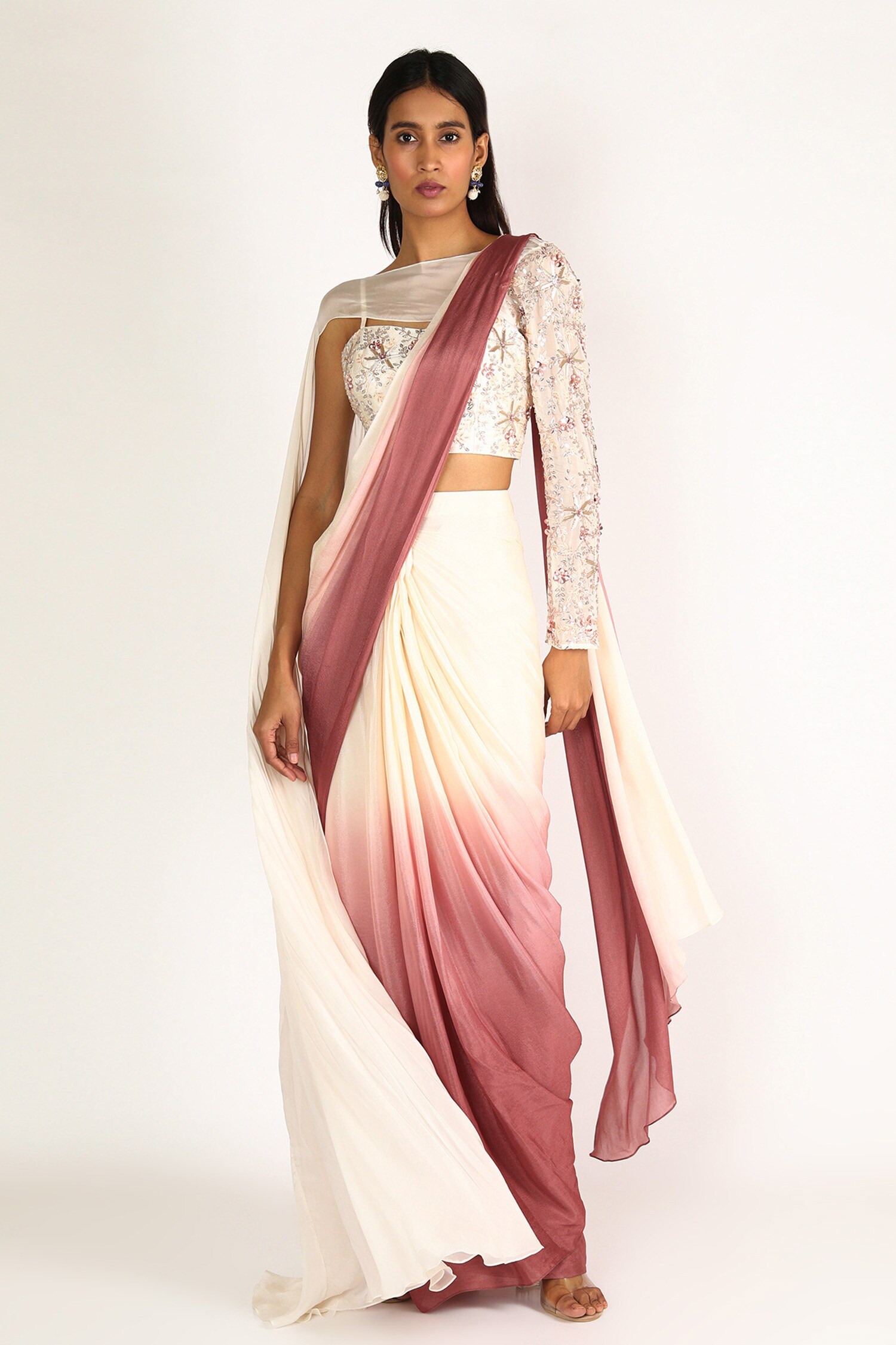 Buy Beige Dupion One Side Cape And Pre-draped Saree Set For Women by ...