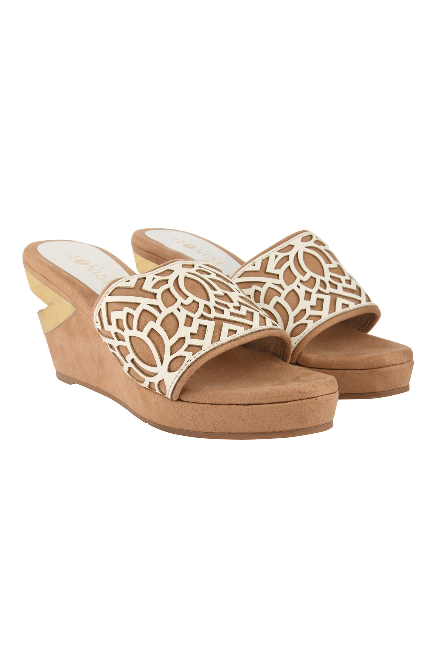 Buy Beige Floral Laser Cut Wedges by Leonish Online at Aza Fashions.