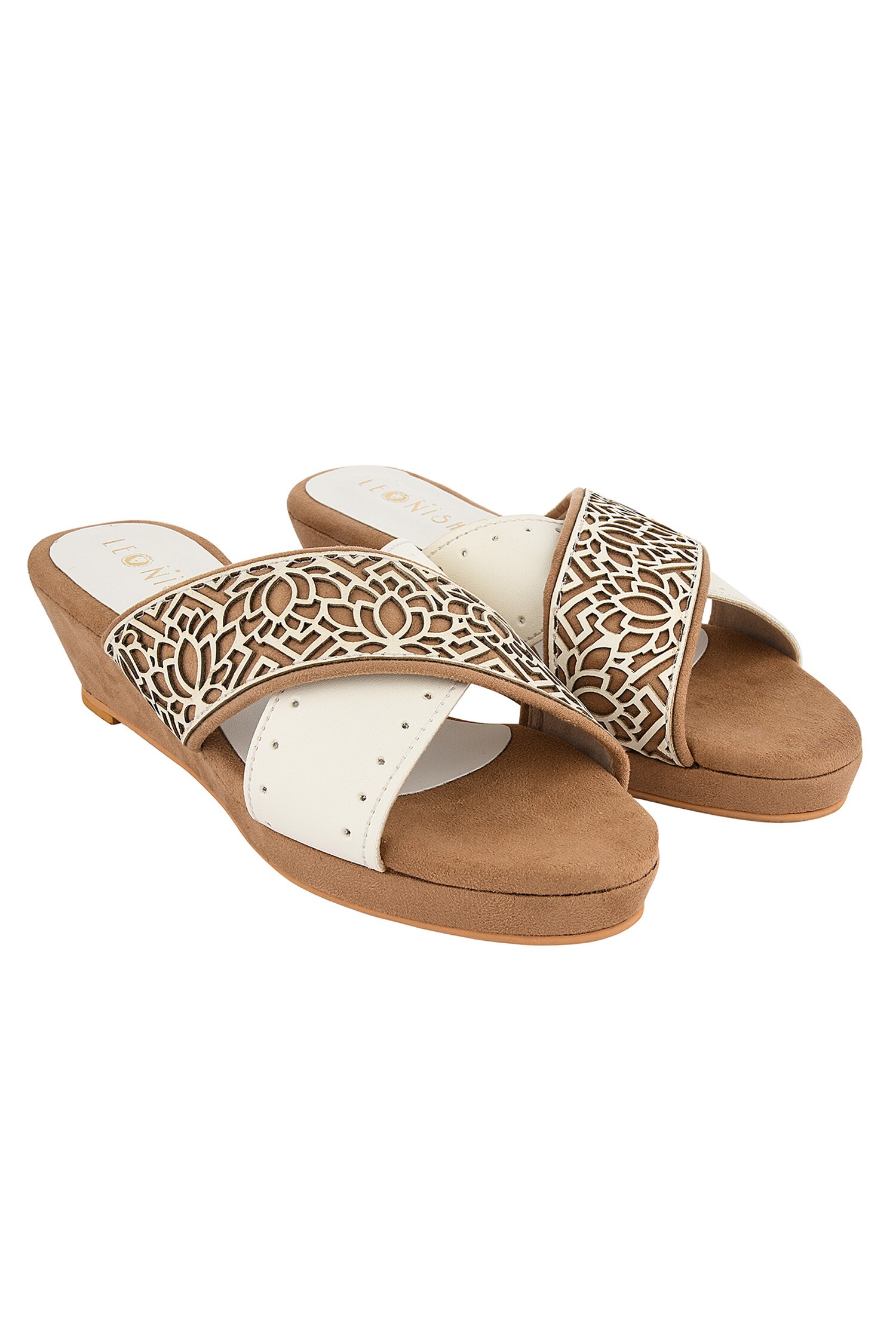 Buy Beige Laser Cut Platform Wedges by Leonish Online at Aza Fashions.