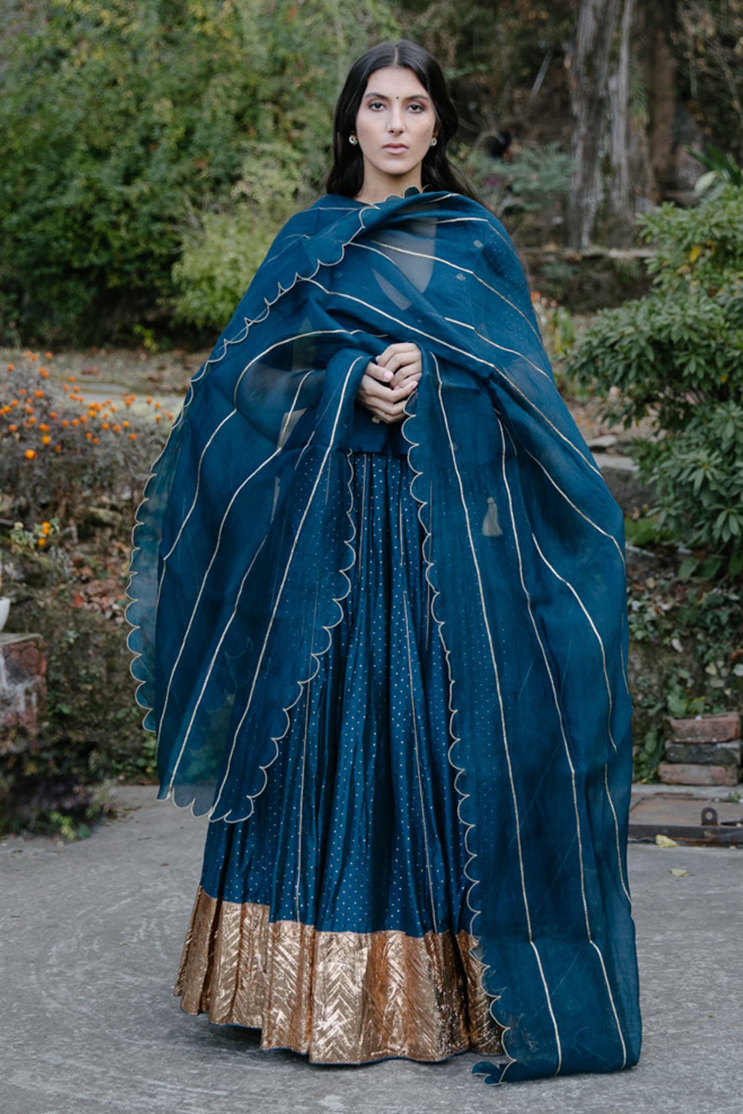 Buy Label Earthen Blue Chanderi Silk Lehenga Set Online | Aza Fashions