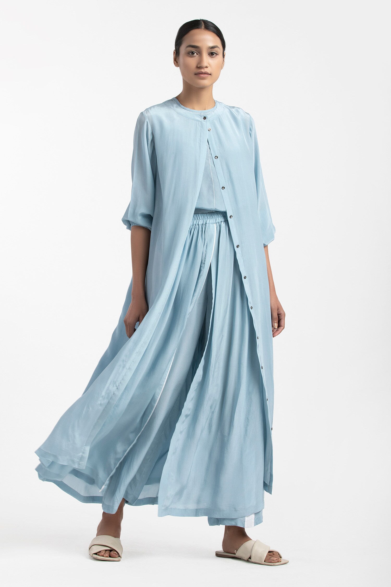 Buy Blue Crepe Round Pleated Jacket And Pant Set For Women by THREE ...