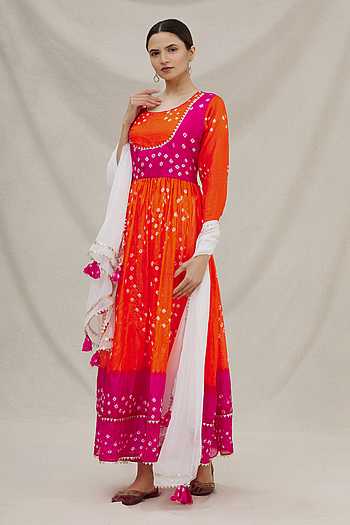 Buy Orange Art Silk Boat Bandhani Anarkali Set For Women by Samyukta ...