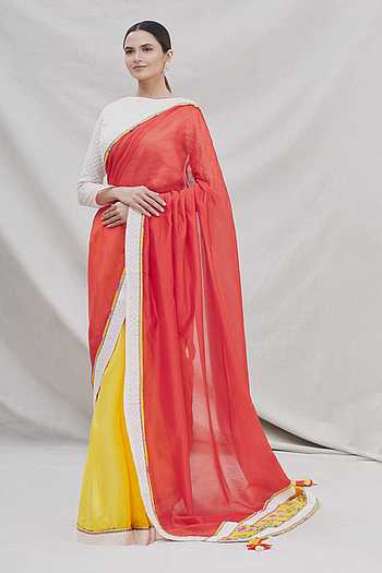 Buy Red Round Colorblock Saree With Blouse For Women by Nikasha Online ...