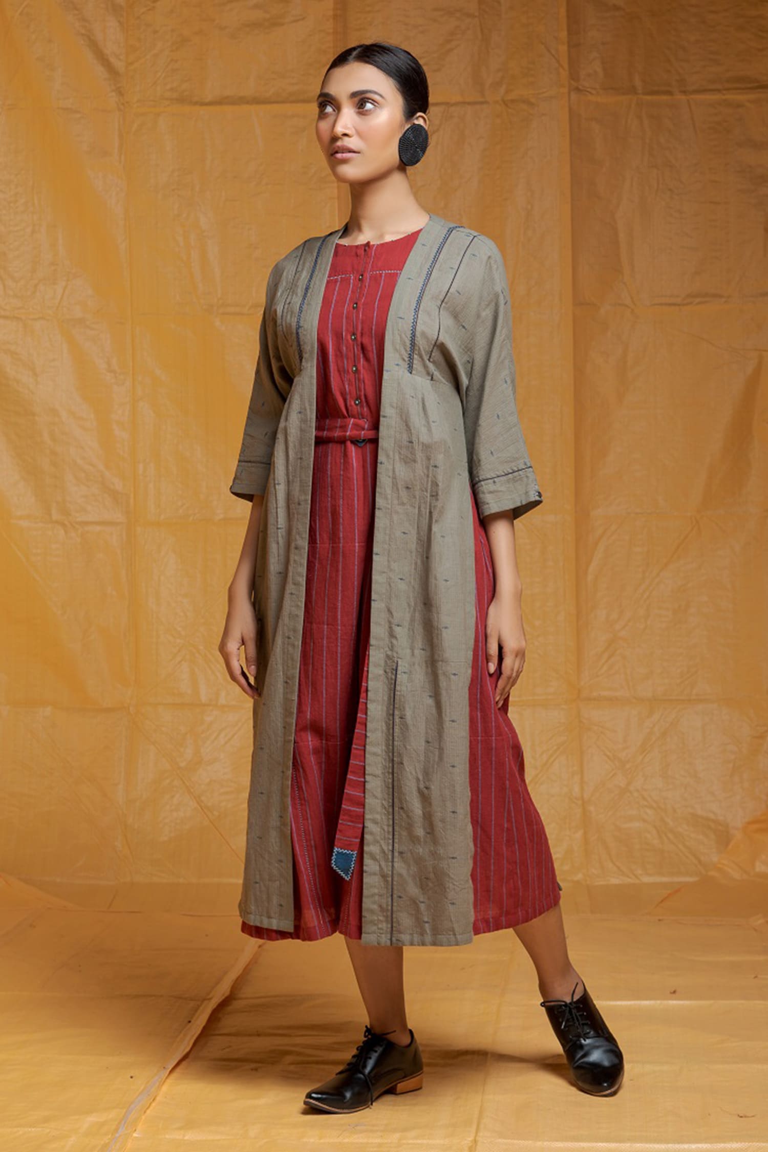 Buy Arte-Alter Red Handloom Cotton Dress With Jacket Online | Aza Fashions