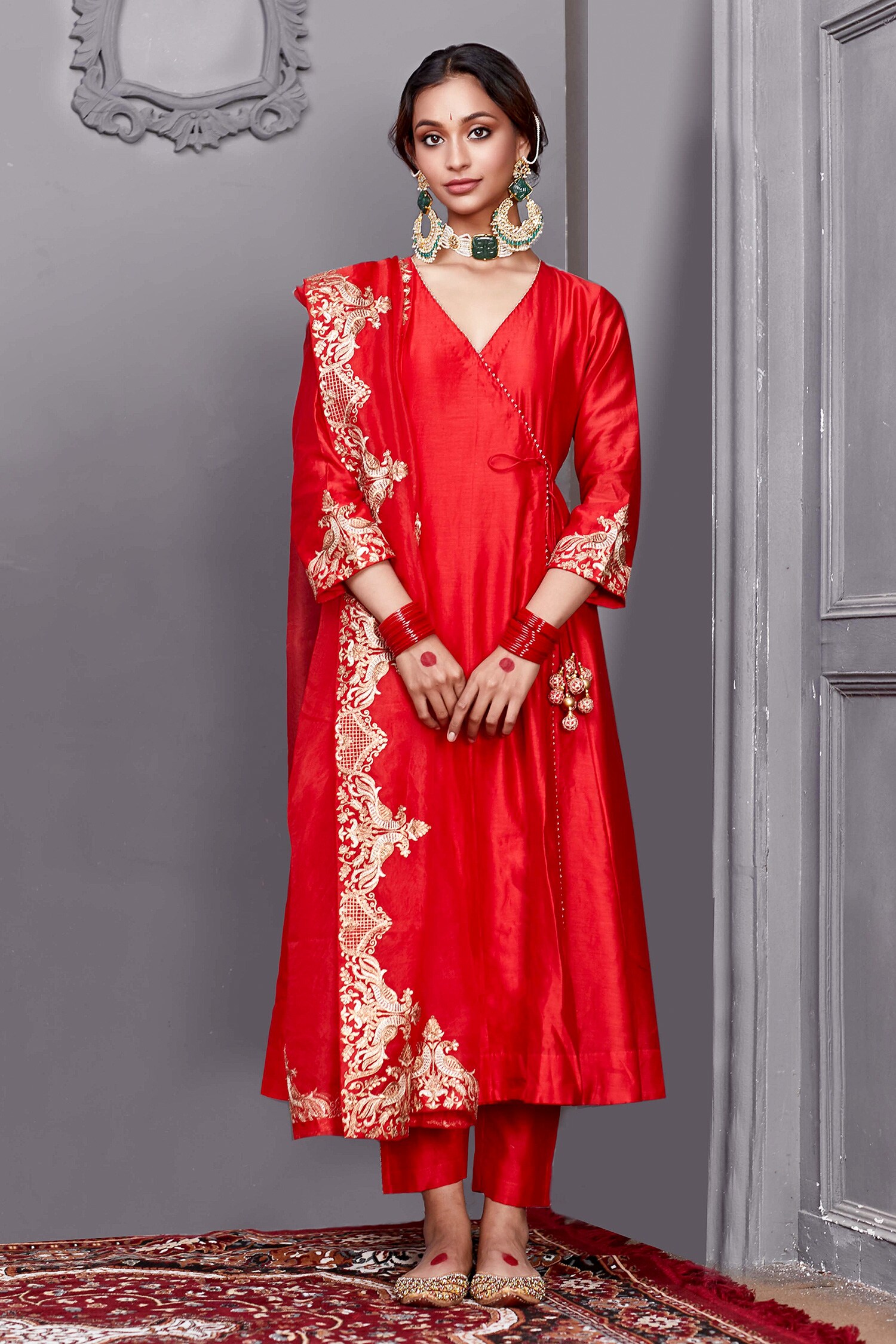 Buy Pink City Red Silk Chanderi Angarkha Set Online | Aza Fashions