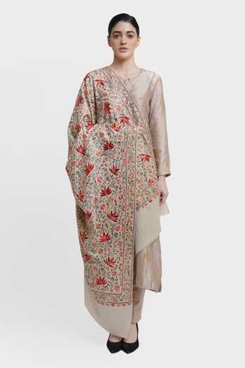 Buy Beige Embroidered Pure Wool Shawl by DUSALA Online at Aza Fashions.