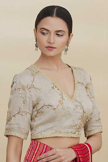 Buy Pranay Baidya Grey Floral Embroidered Saree Blouse Online | Aza ...