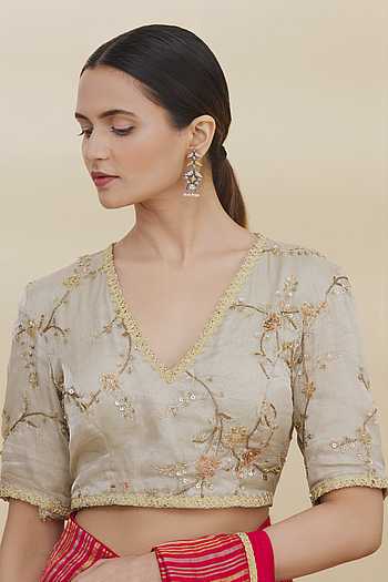 Buy Pranay Baidya Grey Floral Embroidered Saree Blouse Online | Aza ...