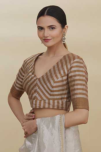 Buy Pranay Baidya Gold Tissue Striped Saree Blouse Online | Aza Fashions
