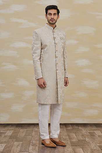 Buy Aryavir Malhotra Gold Silk Brocade Sherwani Set Online | Aza Fashions