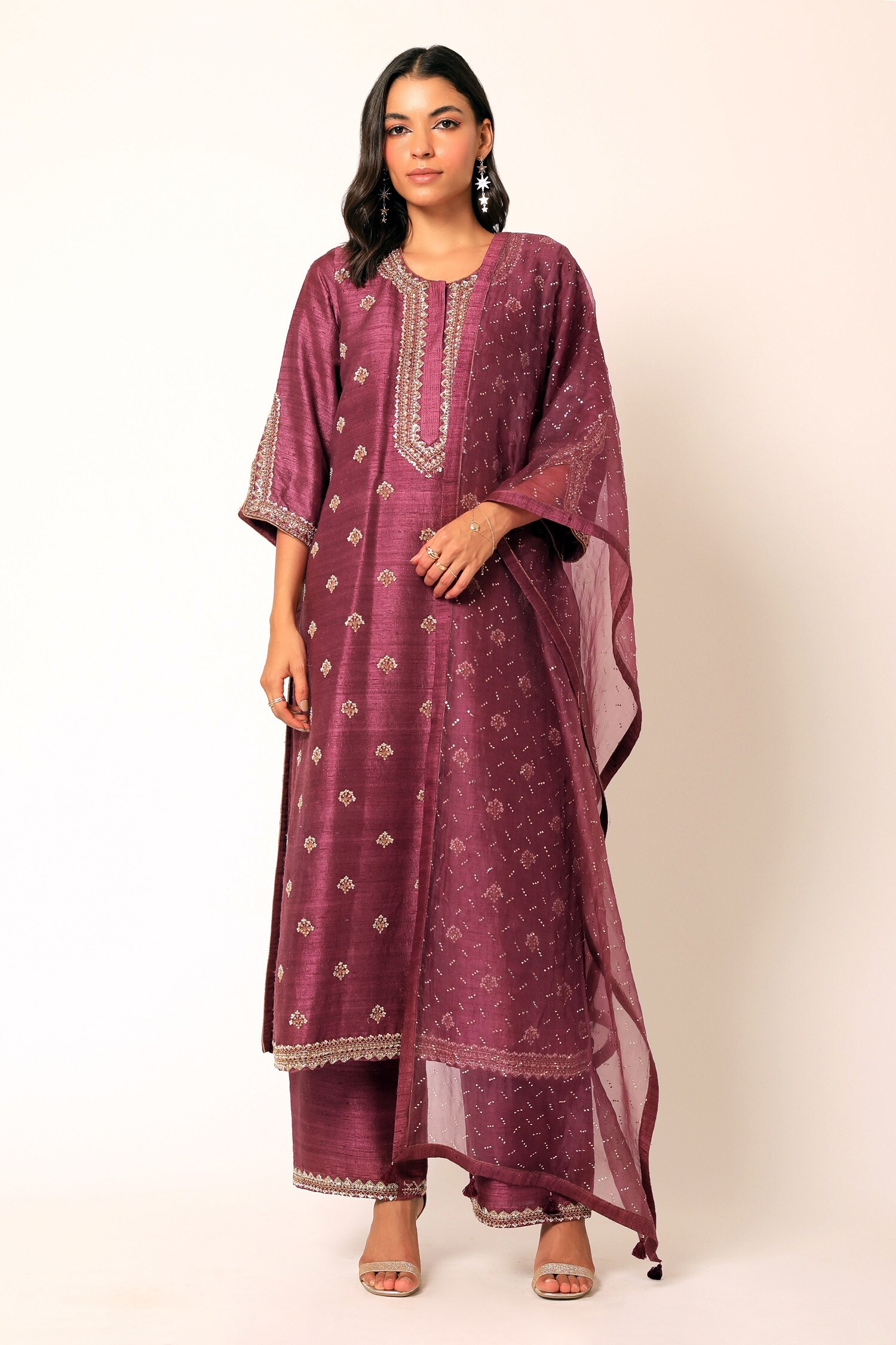 Buy Romaa Maroon Silk Embroidered Kurta Set Online | Aza Fashions