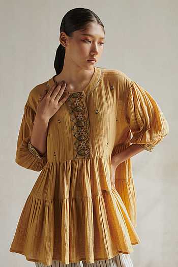 Buy Yellow 100% Cotton Embroidery Round Tiered Top For Women by Cord ...