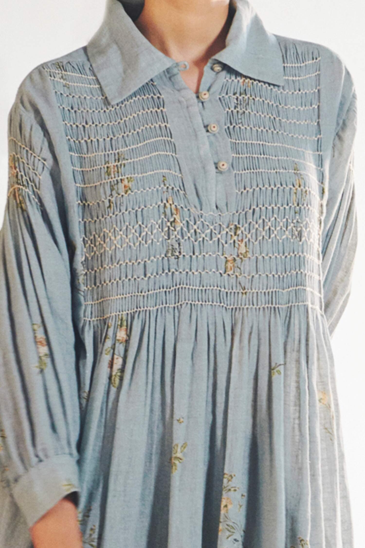 Buy Cord Blue Cotton Smocked Tunic Online | Aza Fashions