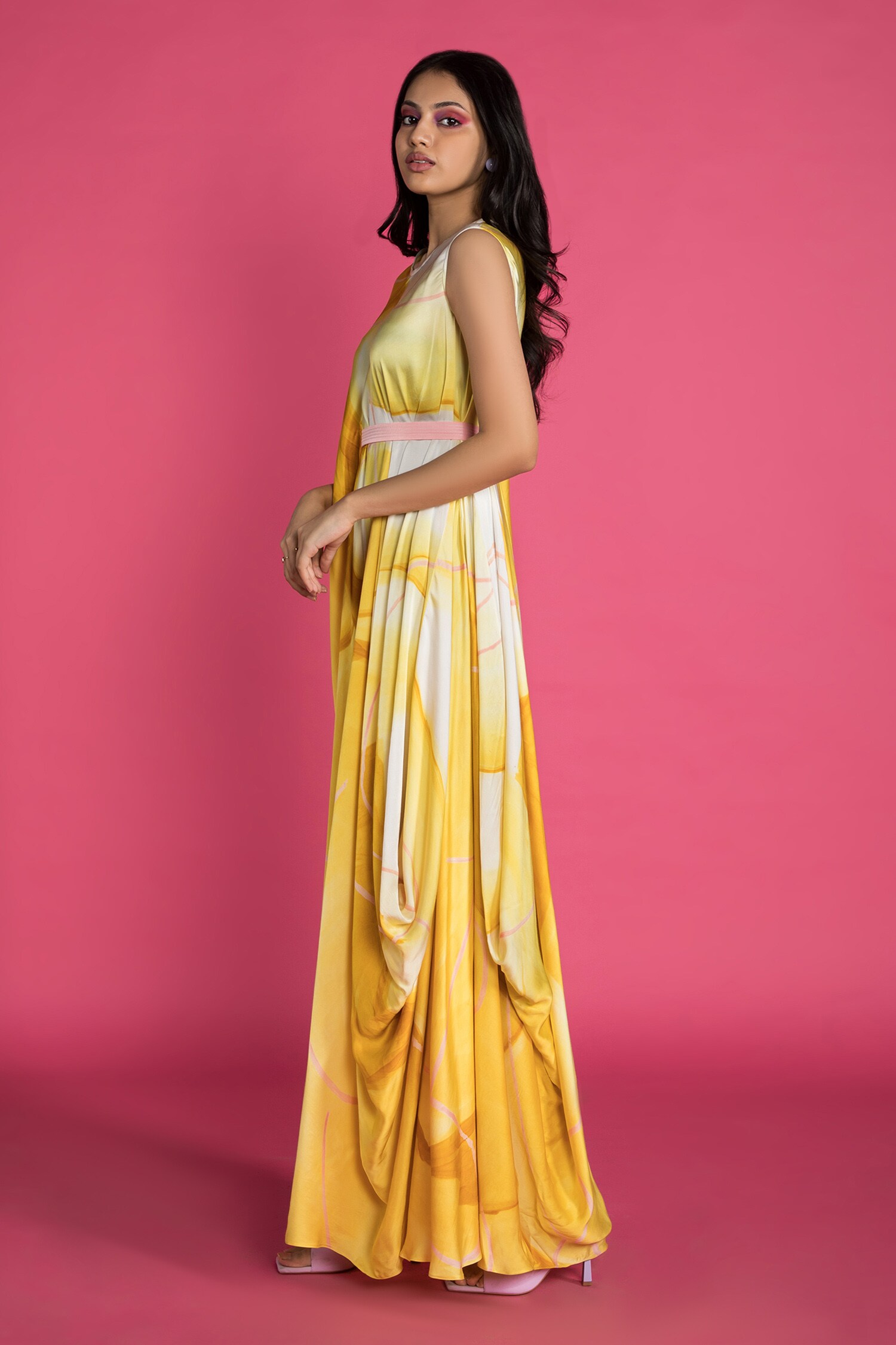 Buy Vedika M Yellow Satin Hand Painted Draped Dress Online | Aza Fashions