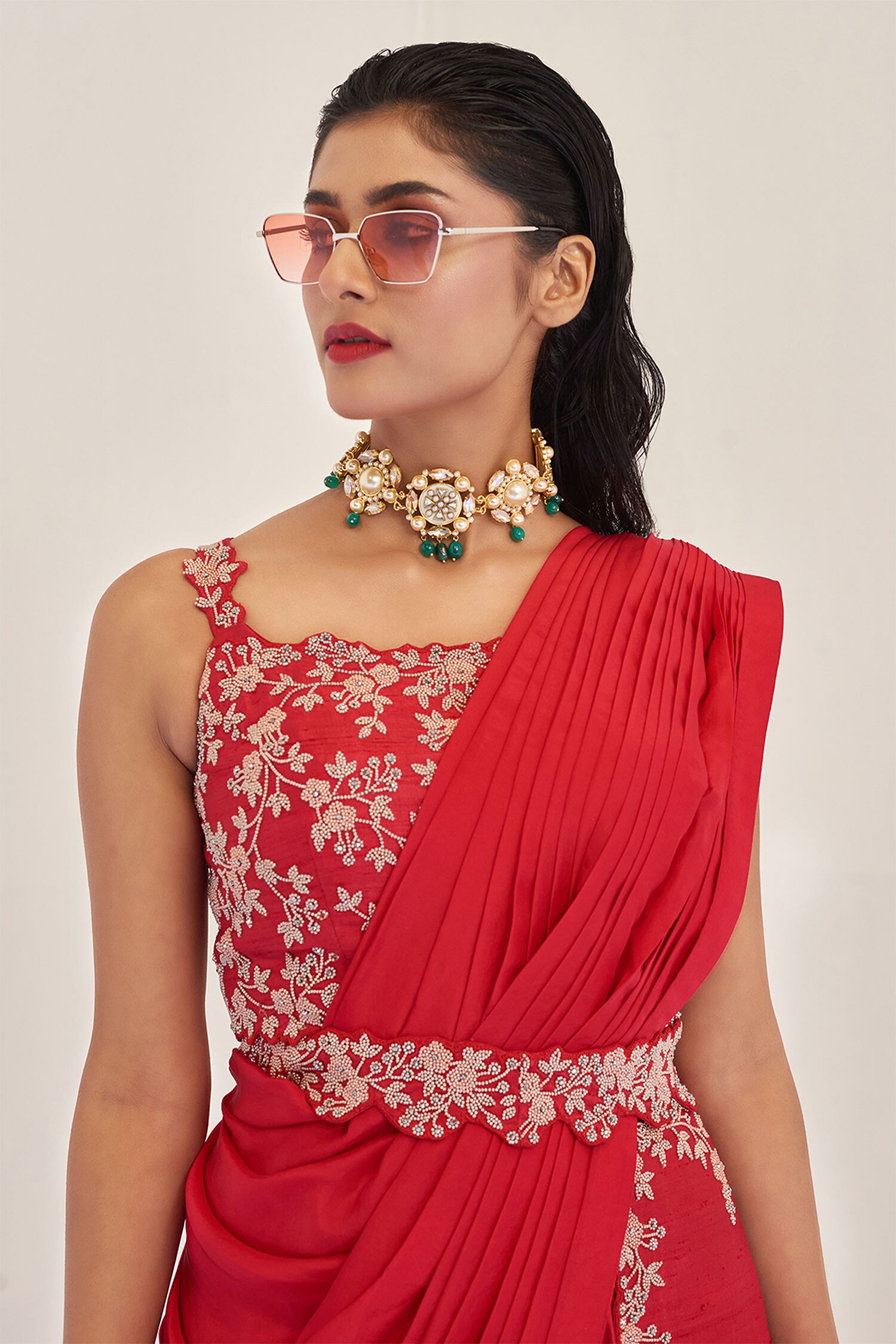 Buy Rishi and Soujit Red Raw Silk Pre-draped Saree With Asymmetric ...