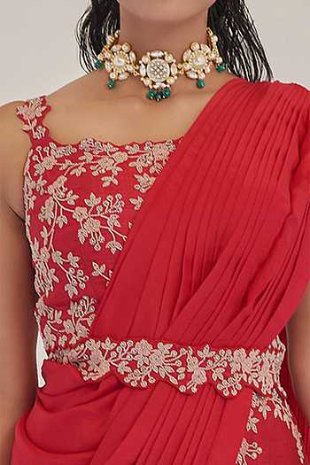 Buy Rishi and Soujit Red Raw Silk Pre-draped Saree With Asymmetric ...