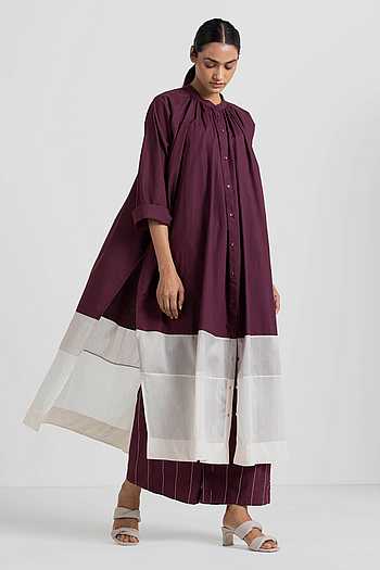 Buy Maroon Cotton Poplin Embroidery Band Collar Panelled Gathered Tunic ...