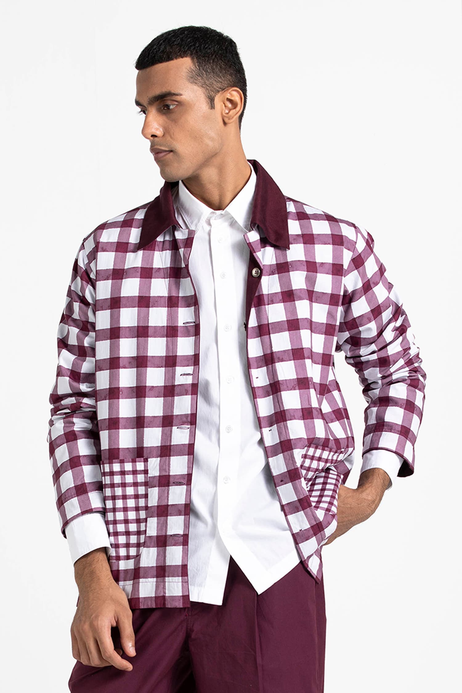 Buy Three Maroon Tencel Reversible Checkered Jacket Online | Aza Fashions