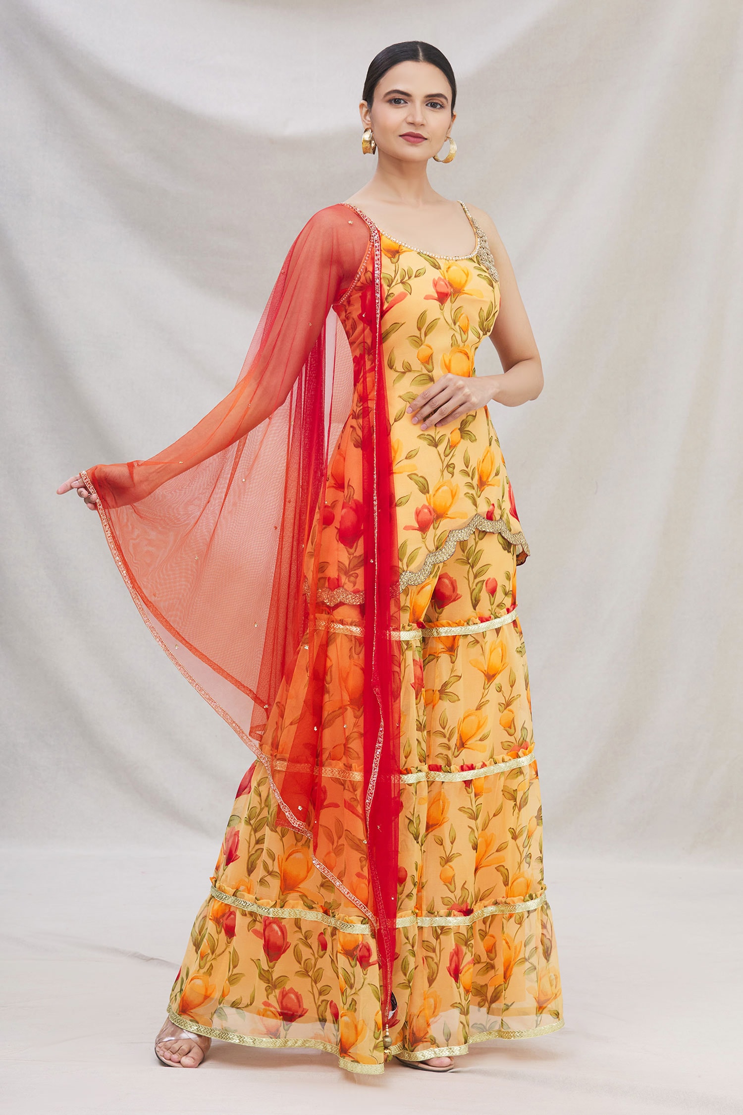 Buy Red Georgette Embroidery Scoop Neck Printed Sharara Set For Women ...