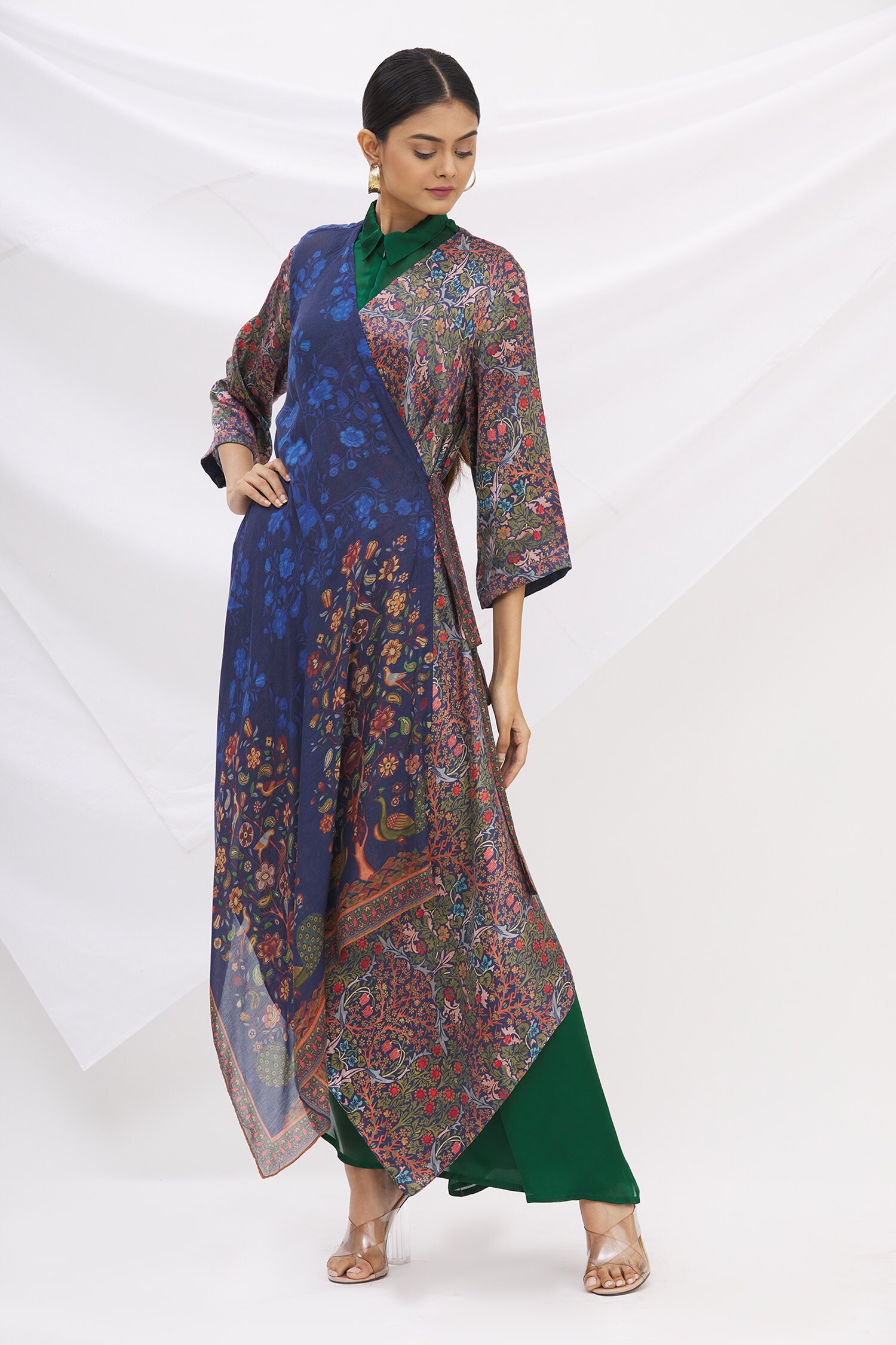 Buy Neeta Lulla Green Modal Satin Printed Wrap Jacket And Jumpsuit Set ...