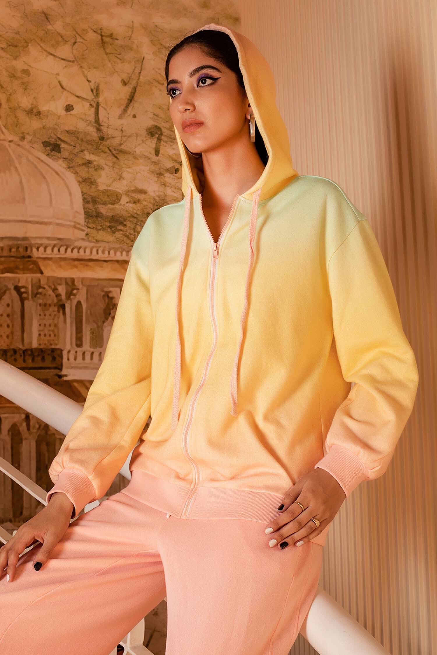 Buy House of Eda Yellow Cotton Zipper Hoodie Jacket Online | Aza Fashions