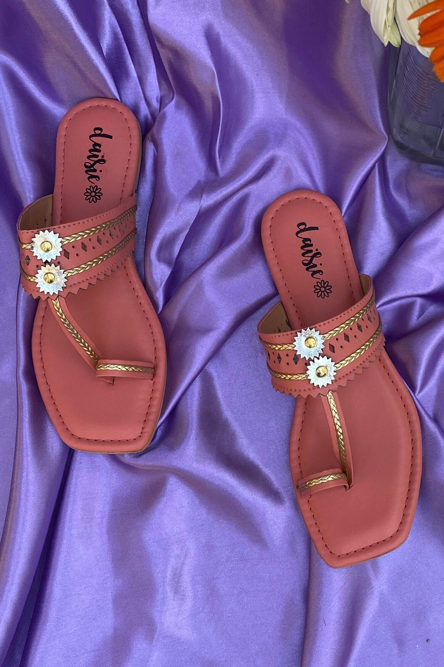 Buy Peach Embellished Kolhapuri Flats by Daisie Online at Aza Fashions.