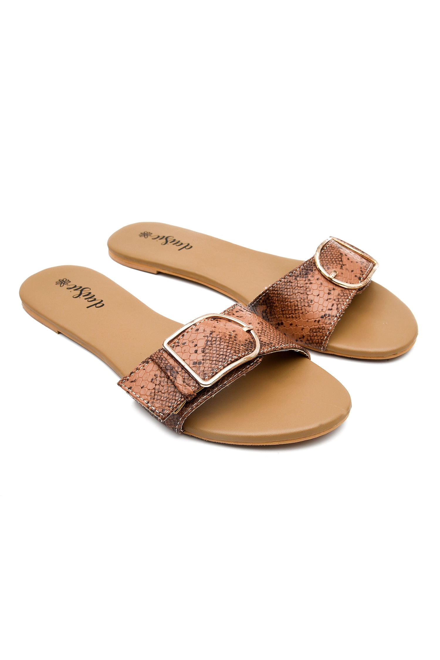 Buy Brown Animal Print Buckle Strap Sliders by Daisie Online at Aza ...