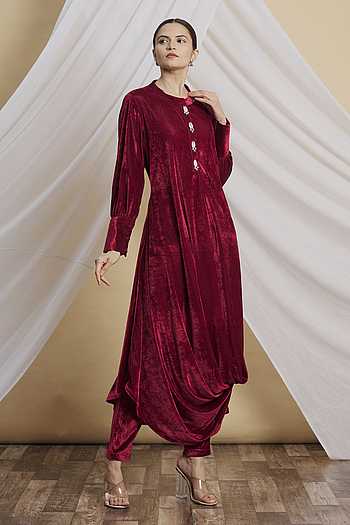 Buy Maroon Velvet Embellished Cowry Shells Round Cowl Kurta And Pant ...