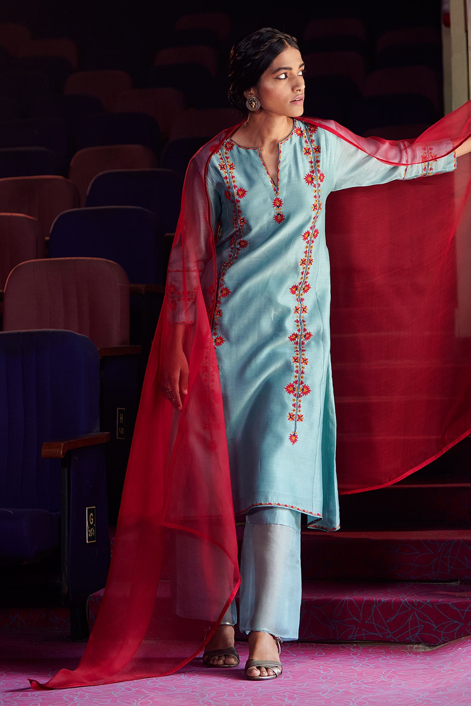 Buy Blue Silk Organza Notched Vami Kurta Set For Women by Shikha Mehta ...