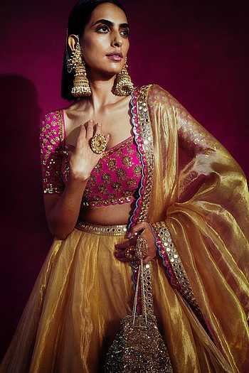 Buy Vvani by Vani Vats Gold Georgette Tissue Lehenga Set Online | Aza ...