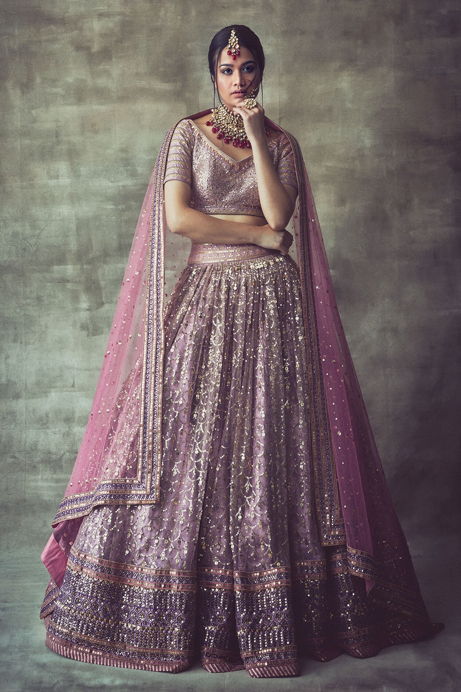 Buy Purple Net V Neck Scallop Embroidered Bridal Lehenga Set For Women
