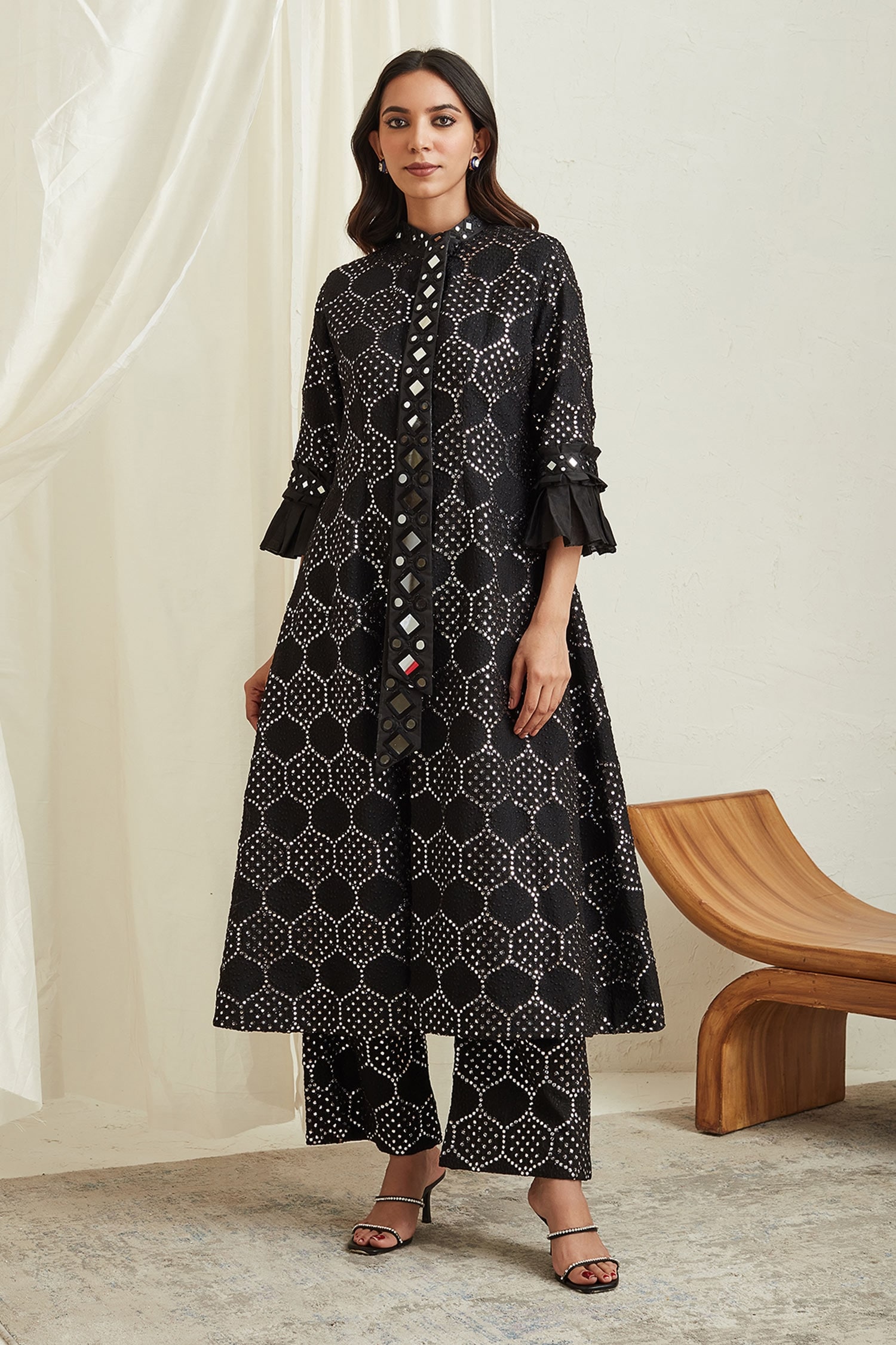 Buy Black Georgette Embellishment Mirror Work Band Long Jacket For ...