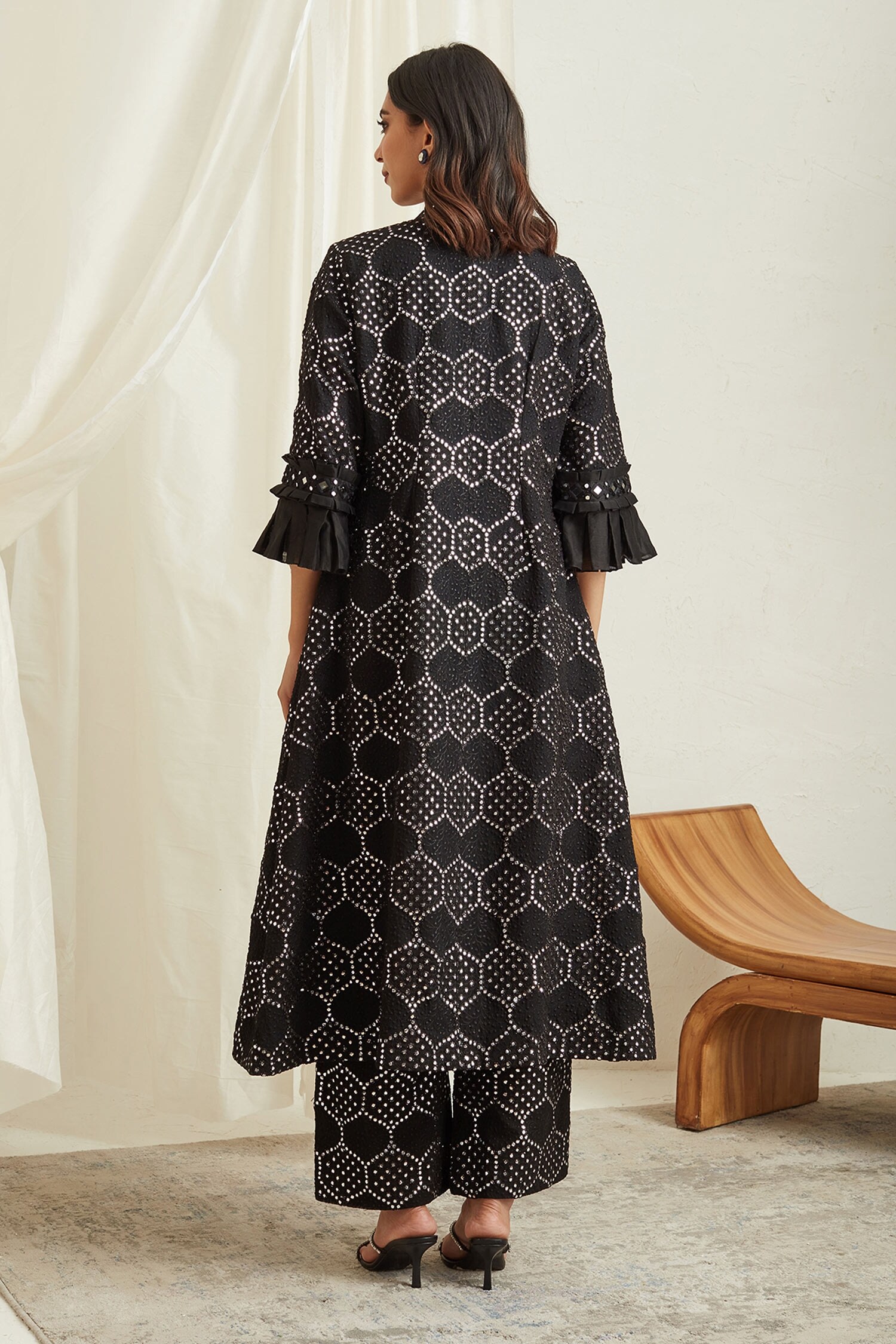 Buy Twenty Nine Black Georgette Mirror Embellished Long Jacket Online ...