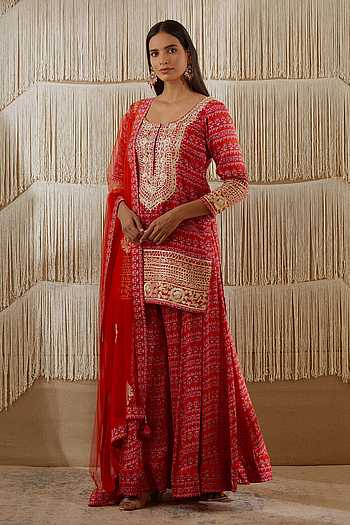 Buy Shyam Narayan Prasad Red Modal Satin Floral Print Kurta Sharara Set ...
