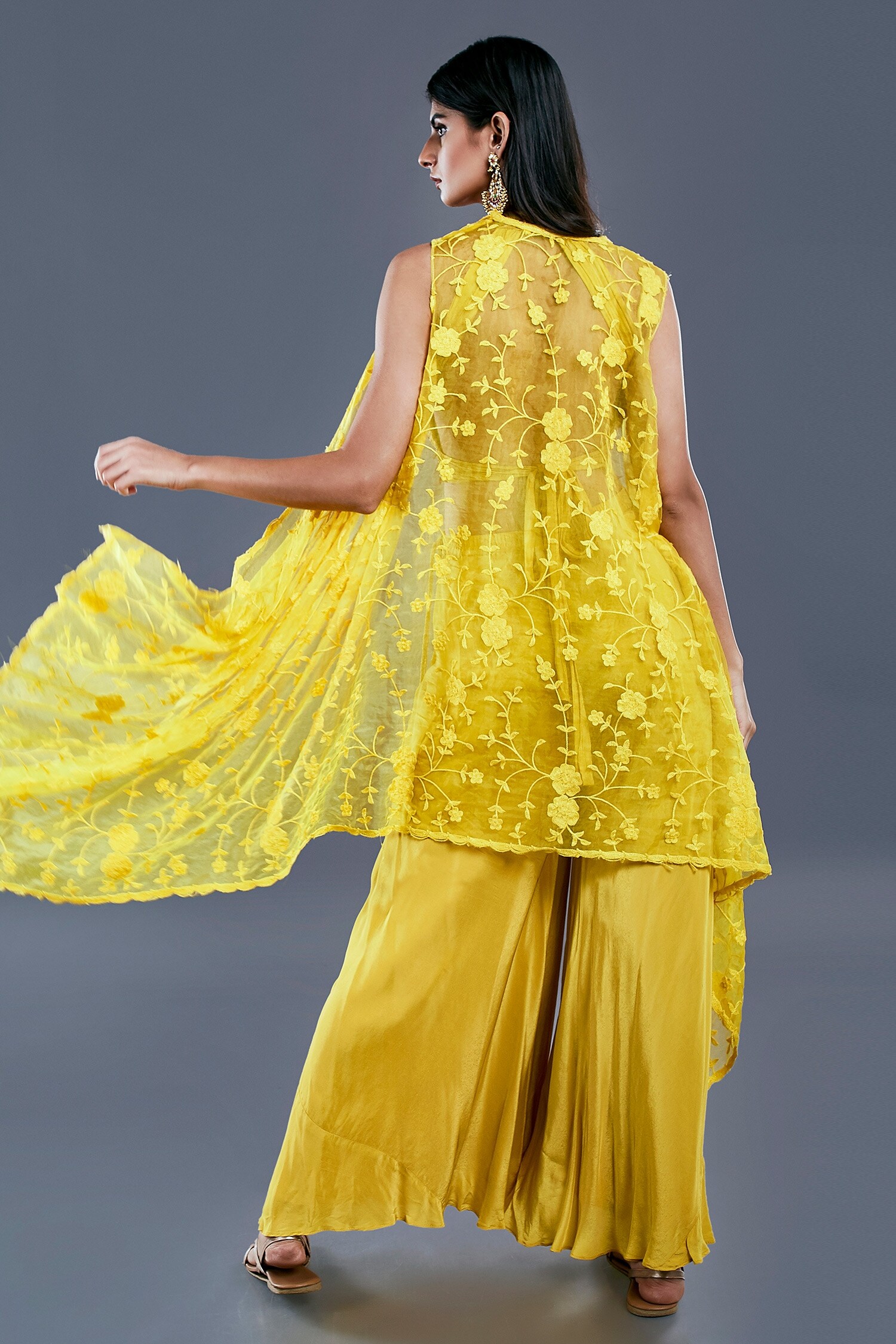 Buy Divya Kanakia Yellow Crepe Embroidered Cape And Palazzo Set Online ...